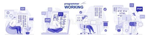 Programmer Working Isolated Set In Flat Design People Coding Testing
