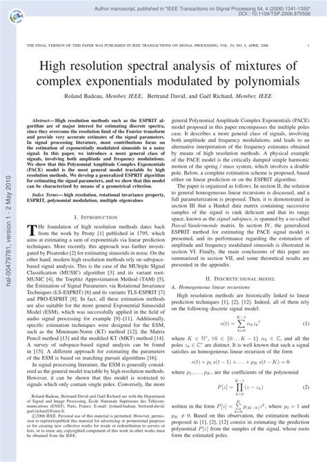 Pdf High Resolution Spectral Analysis Of Mixtures Of Complex Exponentials Modulated By Polynomials