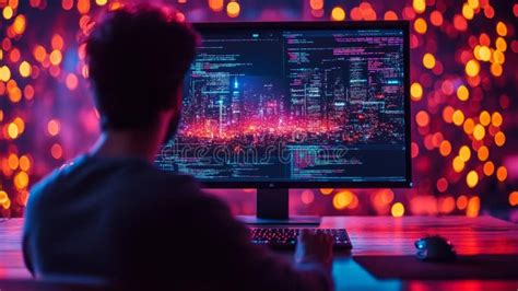 Coding Programmer Working Late At Night With Futuristic City View Stock Illustration