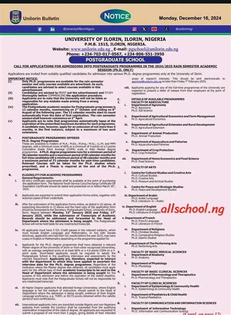 Unilorin Postgraduate Form 20242025 Is Out Read Now Allschoolabs