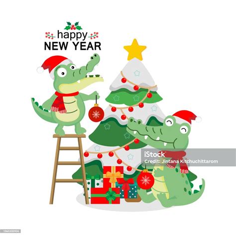크리스마스 모자를 쓰고 귀여운 악어는 크리스마스 트리를 장식합니다 산타 클로스에 대한 스톡 벡터 아트 및 기타 이미지 산타 클로스 순록 크리스마스 Istock