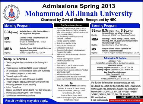Mohammad Ali Jinnah University Admissions 2013