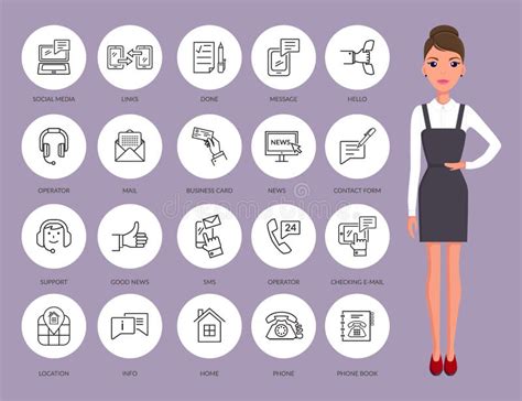 Communication Thin Line Icons Serious Businesswoman And Set Of Contact