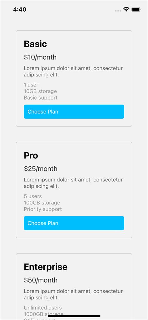 react native pricing tables template