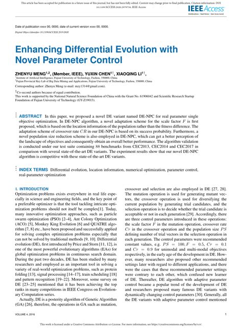 Pdf Enhancing Differential Evolution With Novel Parameter Control