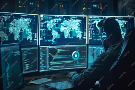 Premium Photo Cybersecurity Expert Analyzing Data On Multiple Monitors Digital Lock Icons