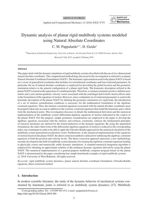 Pdf Dynamic Analysis Of Planar Rigid Multibody Systems Modeled Using Natural Absolute Coordinates