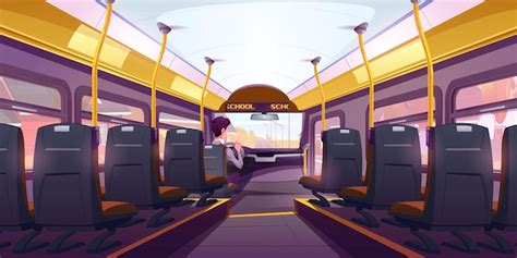 Cartoon School Bus Interior With Driver Inside Free Vector