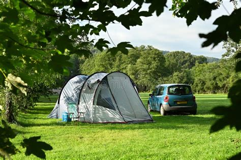 Campsite With A Tunnel Tent An Car Stock Image Image Of Campsite View 359771931