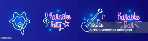 가라오케 밤 파티 아이콘 네온 스타일 표시의 설정 컬렉션 빛 로고 기호 배너입니다 디스코 바 클럽입니다 라이브 음악 벡터 일러스트입니다 엠 블 럼 레이블입니다 빛나는 배경