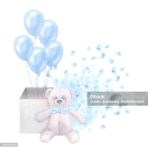 엽서 파란 소년의 생일 상자 속의 풍선 테디베어 색종이 손으로 그린 수채화 그림은 흰색 배경에 분리되어 있다 성별 공개 파티