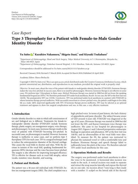 Pdf Type 3 Thyroplasty For A Patient With Female To Male Gender Identity Disorder