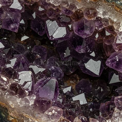 Cluster Of Amethyst Crystals Displaying Deep Purple Hues With A Hexagonal Structure Stock