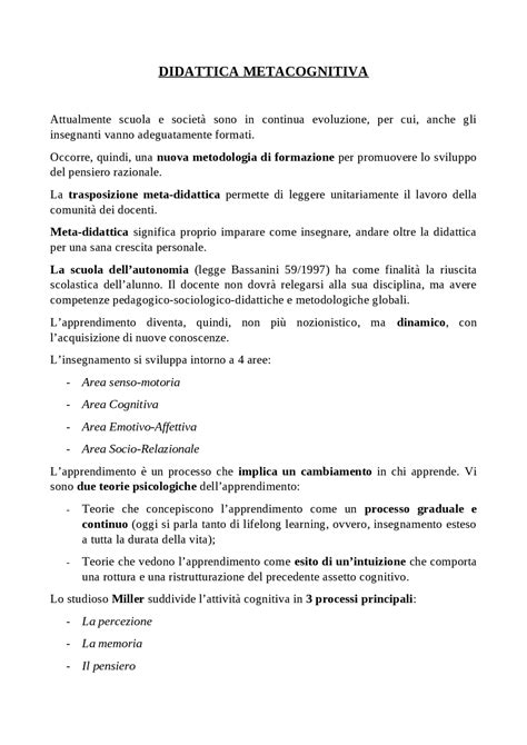 Didattica Metacognitiva Sintesi Del Corso Di Didattica Pedagogica Docsity