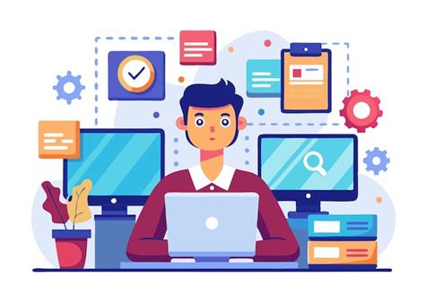Programmer Working On Several Screens Vector Illustration Premium AI