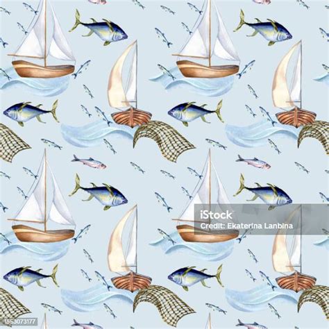 바다 물고기와 범선 수채화 그림의 매끄러운 패턴은 파란색으로 분리되어 있습니다 어선 바다 파도와 참치 손으로 그렸습니다 섬유 포장 포장 배경 시장을 위한 디자인 요소 색칠한