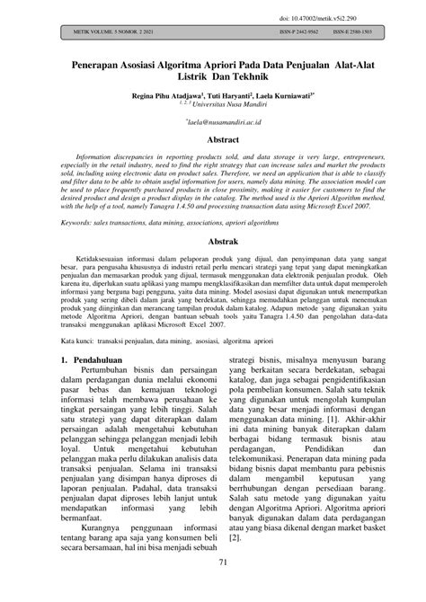 Pdf Penerapan Asosiasi Algoritma Apriori Pada Data Penjualan Alat Alat Listrik Dan Tekhnik