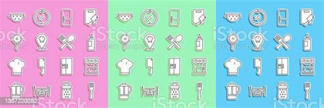 세트 라인 포크 커피 머신 소스 병 냉장고 위치가있는 요리사 모자 프라이팬 주방 소쿠리 및 교차 포크 숟가락 아이콘 벡터 가구에 대한 스톡 벡터 아트 및 기타 이미지