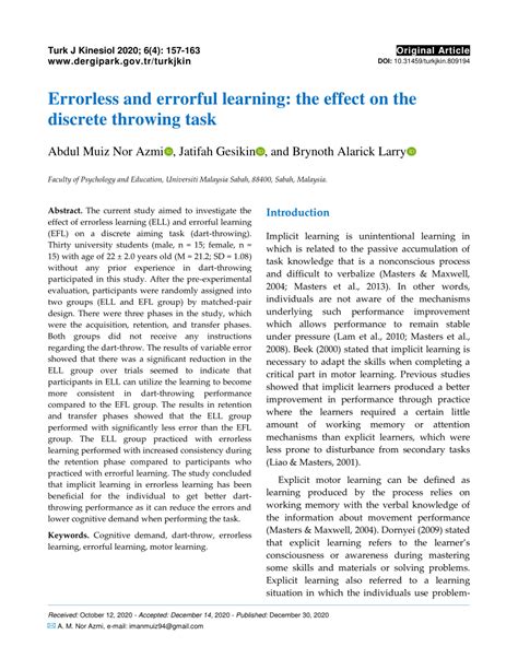Pdf Errorless And Errorful Learning The Effect On The Discrete Throwing Task