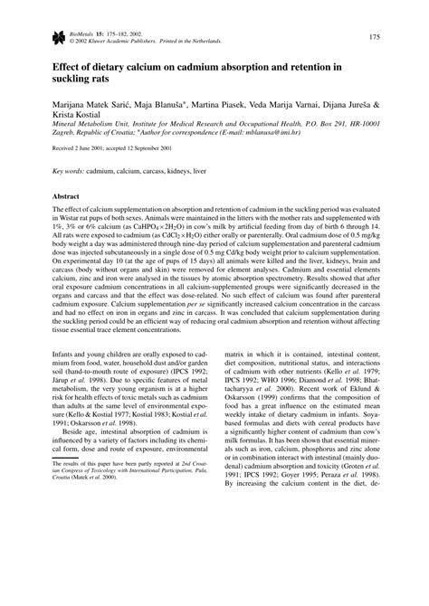 Pdf Effect Of Dietary Calcium On Cadmium Absorption And Retention In Suckling Rats