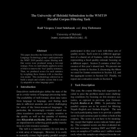 The University Of Helsinki Submission To The Wmt19 Parallel Corpus Filtering Task Acl Anthology