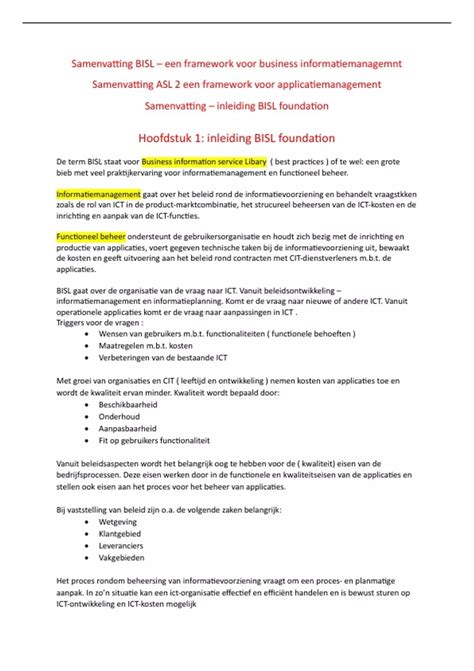 Samenvatting Best Practice Bisl Een Framework Voor Business Informatiemanageme Hbo