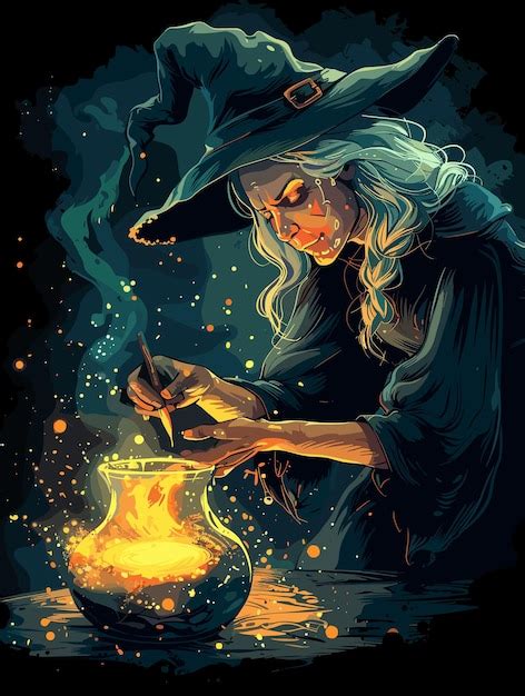 Halloween Witch With A Pot Of Boiling Potion Vector Illustration