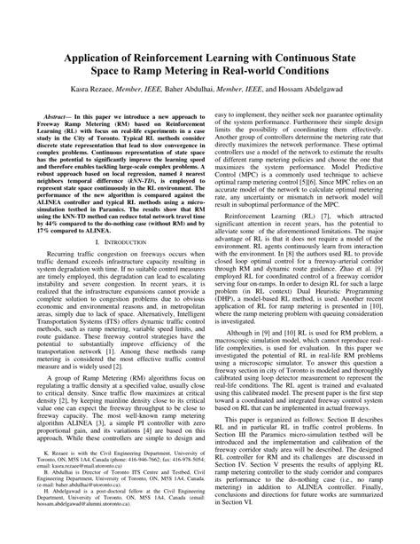 pdf application of reinforcement learning with continuous state space to ramp metering in real