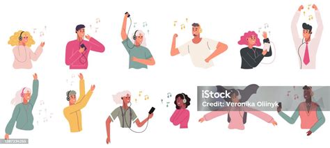 이어폰과 헤드폰으로 음악을 듣는 사람들 오디오 벡터 일러스트 세트를 즐기는 행복한 인간 캐릭터 헤드폰으로 춤추는 성인 스튜디오 촬영에 대한 스톡 벡터 아트 및 기타 이미지