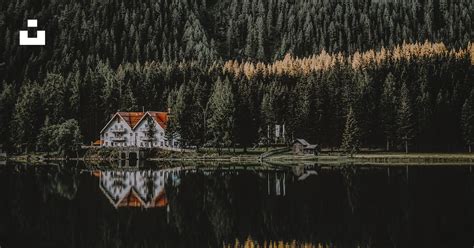 나무로 둘러싸인 물에 반사되는 흰색과 갈색 집 사진 Unsplash의 무료 Antholzer 참조 이미지