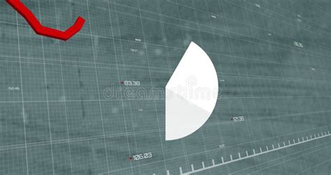 Pie Graph And Red Graph Moving Over Financial Data Processing Against Empty Office Stock Image
