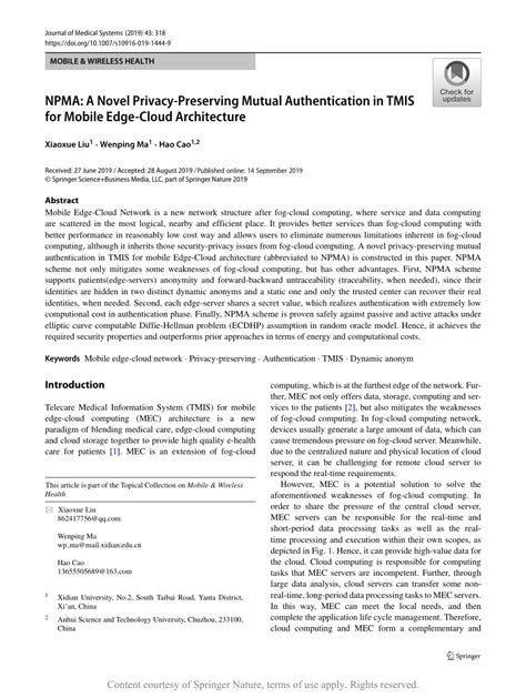 Npma A Novel Privacy Preserving Mutual Authentication In Tmis For