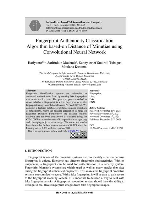 Pdf Fingerprint Authenticity Classification Algorithm Based On Distance Of Minutiae Using
