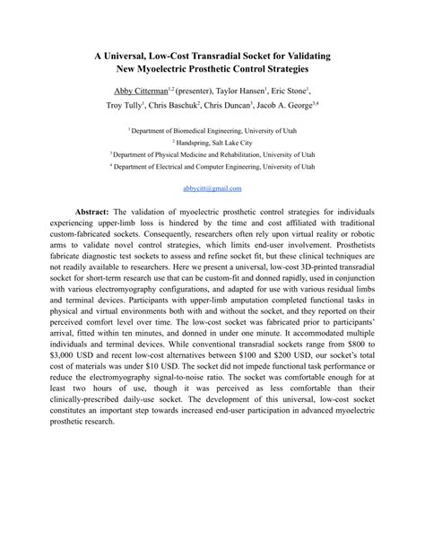 Pdf A Universal Low Cost Transradial Socket For Validating New Myoelectric Prosthetic Control