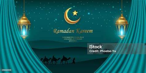 3d 이슬람 황금 등불 별 달 새틴 커튼 장식 밤 배경에 사막 풍경 라마단 라야 하리 이드 알 아드하 이슬람 휴일에 적합 일러스트레이션에 대한 스톡 벡터 아트 및 기타