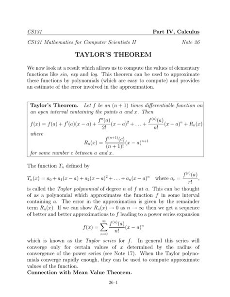 Taylor S Theorem Calculus Lecture Note