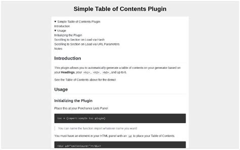 initializing the plugin — simple table of contents plugin