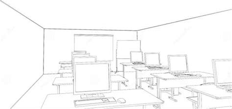 computer class with tables and computers stock illustration