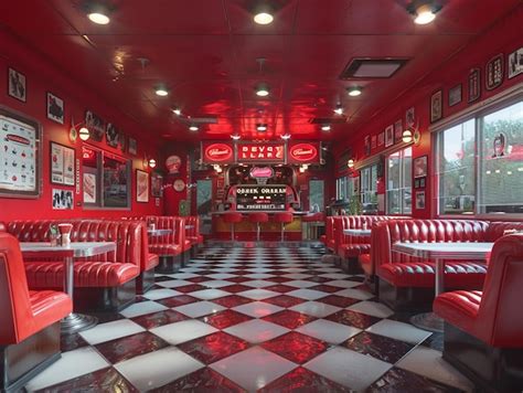 Premium Photo Classic American Diner With Red Leather Booths And A