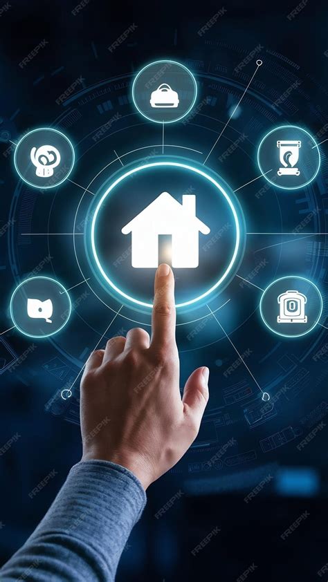 Smart Home Dashboard Interface With Person Touching A Button To Control Connected Devices And