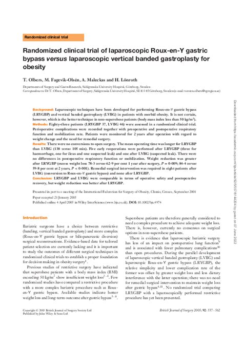 Pdf Randomized Clinical Trial Of Laparoscopic Roux En Y Gastric