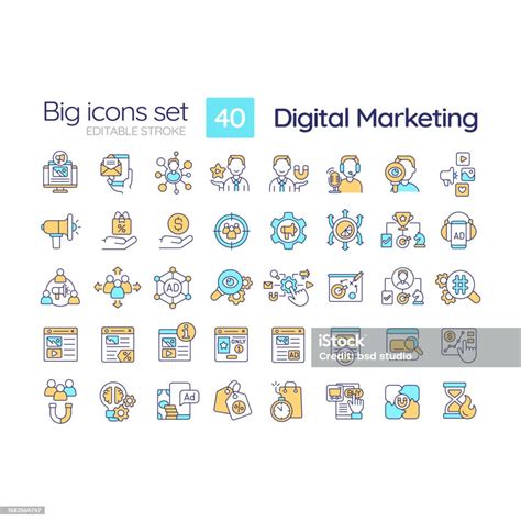 디지털 마케팅 Rgb 컬러 아이콘 세트 디지털 마케팅에 대한 스톡 벡터 아트 및 기타 이미지 디지털 마케팅 아이콘 세트 리드 생성 Istock