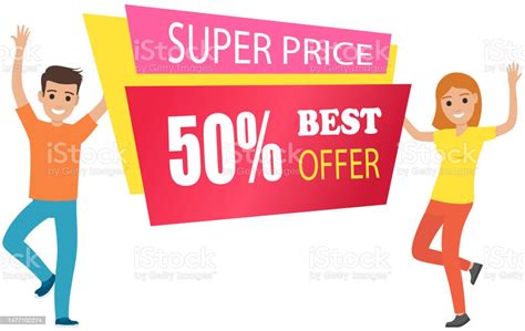 광고 포스터 근처에서 춤을 추는 남자와 여자의 판매 배너 사람들은 할인을 기뻐합니다 1위에 대한 스톡 벡터 아트 및 기타 이미지