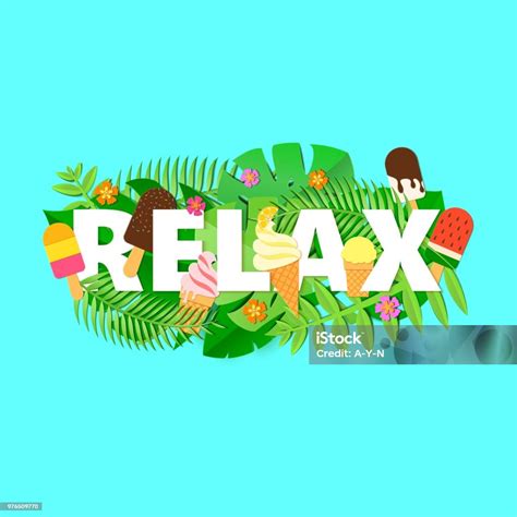 단어 휴식 구성 꽃 정글 고 Trandy 종이에 파란색 배경에 아이스크림 컷 스타일 포스터 배너 전단지에 대 한 열 대 공예 디자인 벡터 카드 그림입니다 0명에 대한 스톡