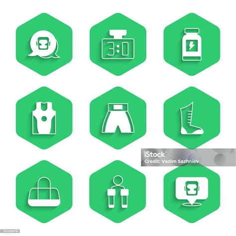 복싱 반바지 줄넘기 헬멧 스포츠 복싱 신발 가방 저지 및 티셔츠 에너지 음료 및 아이콘을 설정합니다 벡터 T 셔츠에 대한 스톡 벡터 아트 및 기타 이미지 Istock