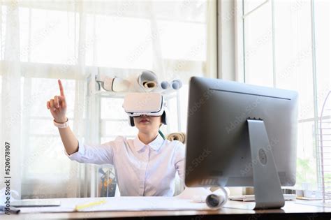 Architect Young Woman Working With Virtual Reality Technology Modeling Software Applications In