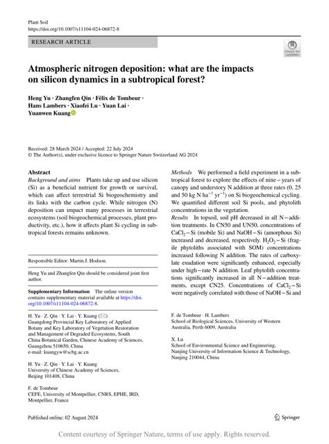 Atmospheric Nitrogen Deposition What Are The Impacts On Silicon Dynamics In A Subtropical