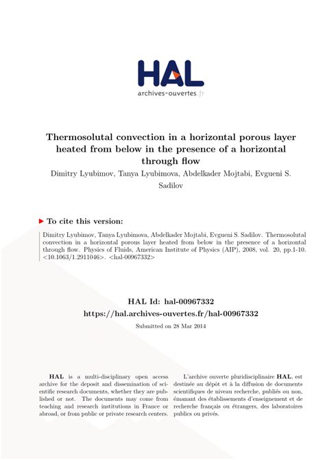 Pdf Thermosolutal Convection In A Horizontal Porous Layer Heated From Below In The Presence Of