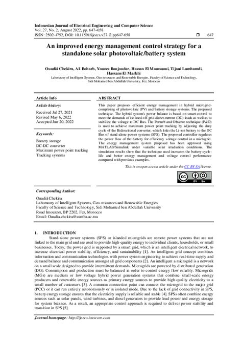 Pdf An Improved Energy Management Control Strategy For A Standalone Solar Photovoltaic Battery