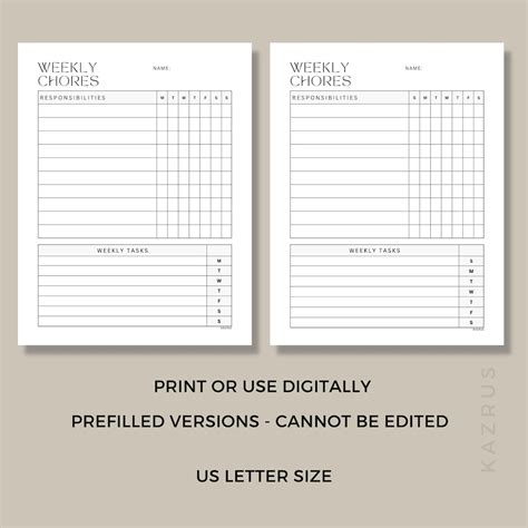 Chore Chart Template Editable Chore Chart To Do List Template Adult Chore Chart Etsy